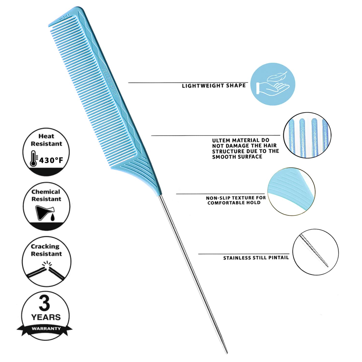 VELLEN HAIR® ULTIMATE PIN TAIL COMBS 3 PACK - BLUE – Vellen-Hair